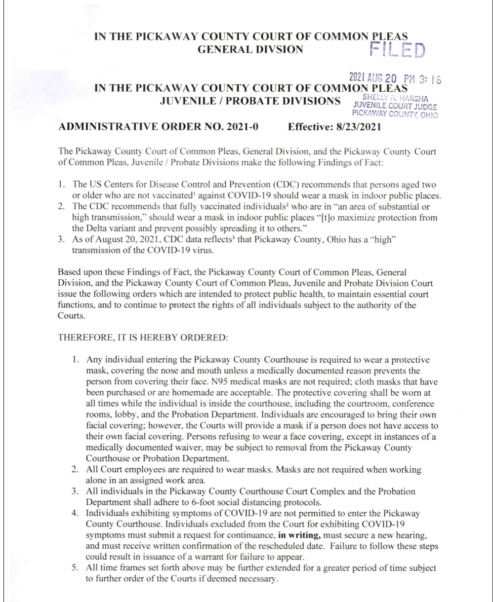 Pickaway County Common Pleas Court Returns to Mask Mandates - Scioto Post