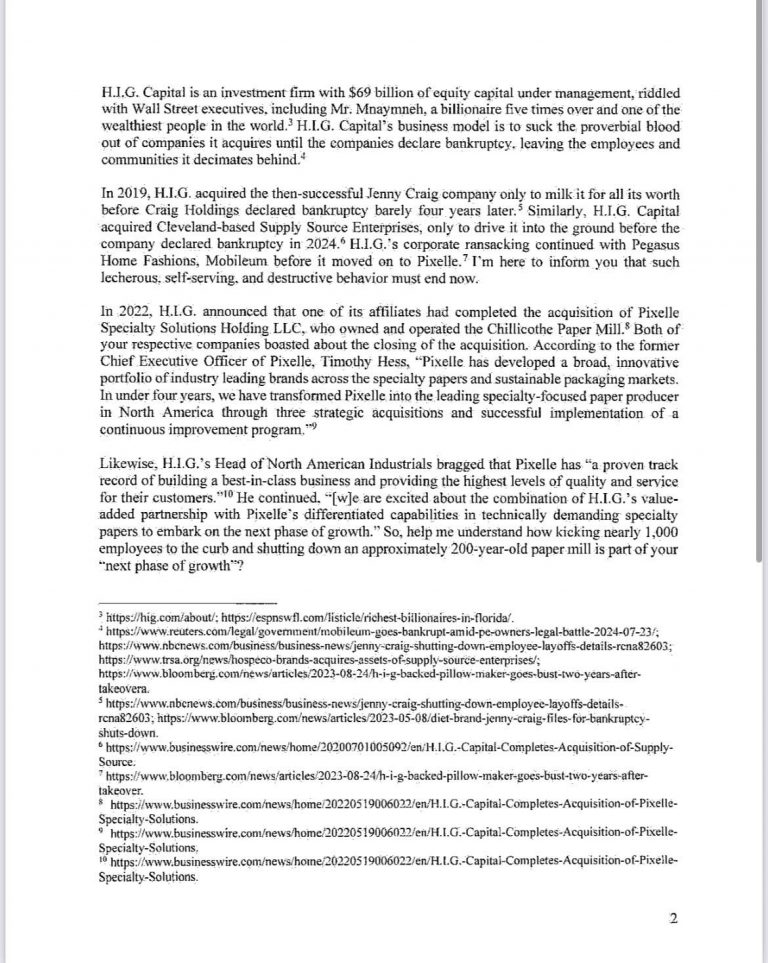 U.S. Senator Slams Pixelle Paper Mill Closure in Fiery Letter - Scioto Post
